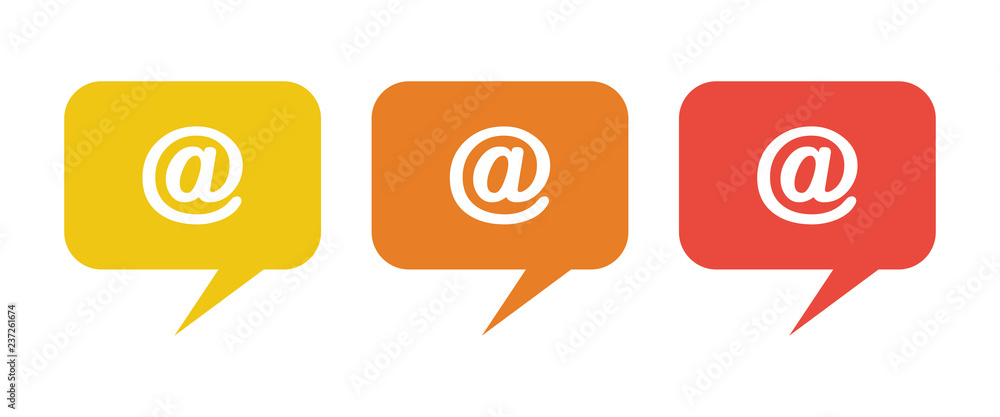 Email symbol in speech bubbles. Yellow, orange and red speech bubbles ...