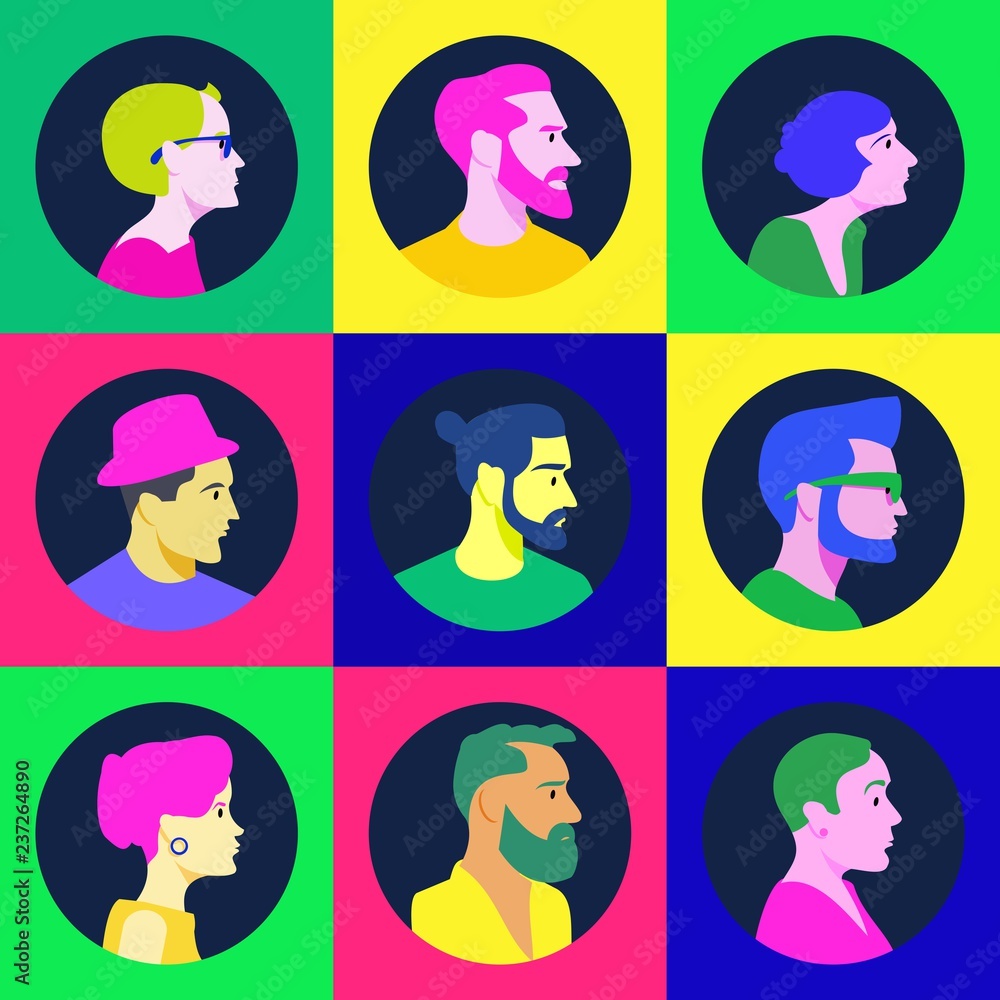 set of faces in profile in neon colors Stock Vector | Adobe Stock
