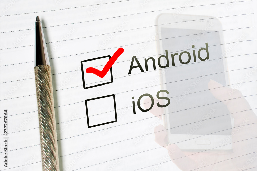 Android choice or iOS text, marked check box with a pen on lined paper ...