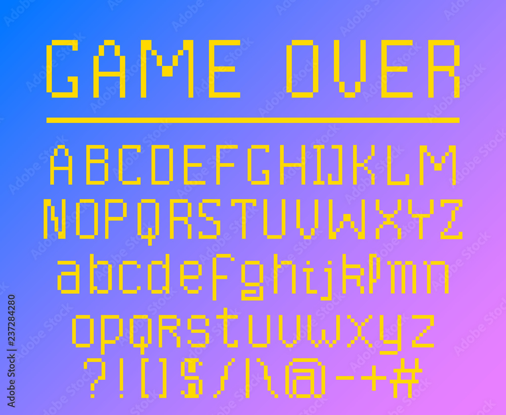 Pixel font. 8-bit symbols. Digital video game style. letters and ...