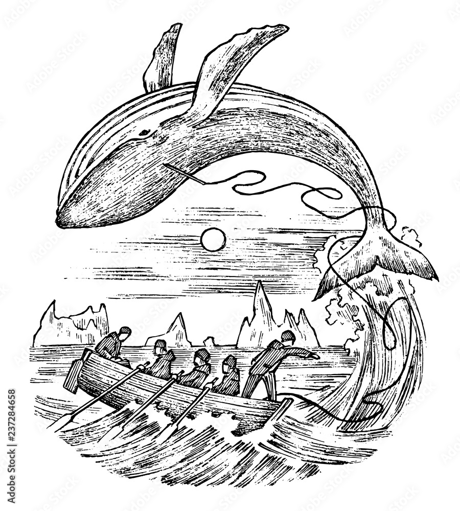 Whaling in the 18th and 19th century. Vintage seascape with hunters in ...