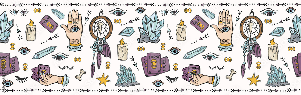 Seamless Vector Border, Spiritual Symbols and Well Being Concept ...