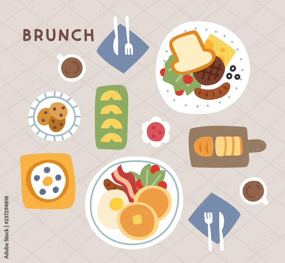 hand drawing style brunch table top view illustration. flat design ...