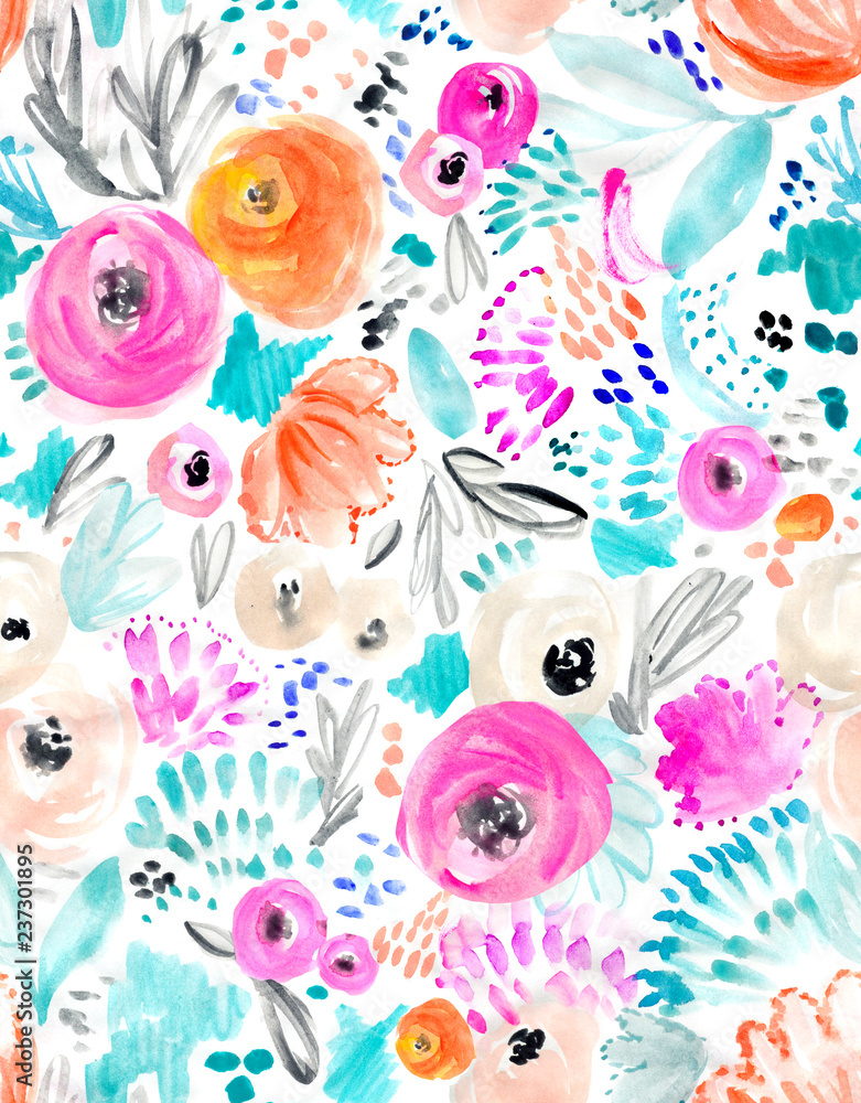 Modern, Colorful Watercolor Flower Pattern. Cute Ditsy Floral Pattern ...