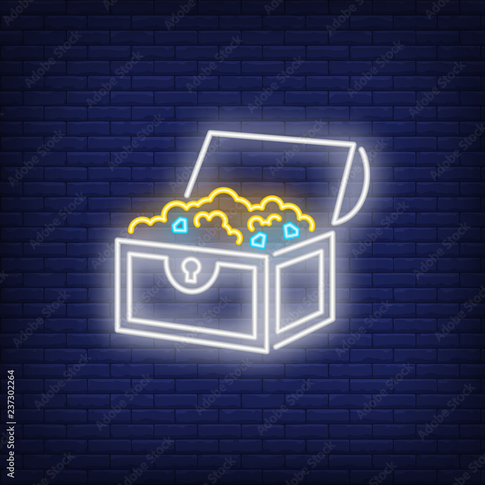 Chest with treasures neon sign. Pirates and adventure design. Night ...