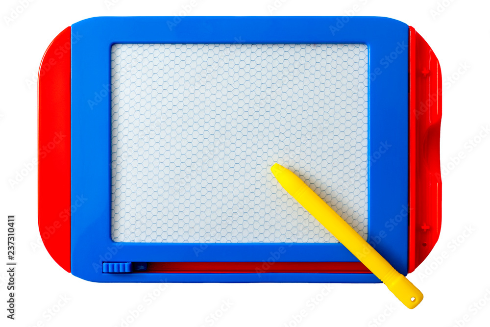 Kids educational toys concept with a blue and red toy magnetic drawing ...