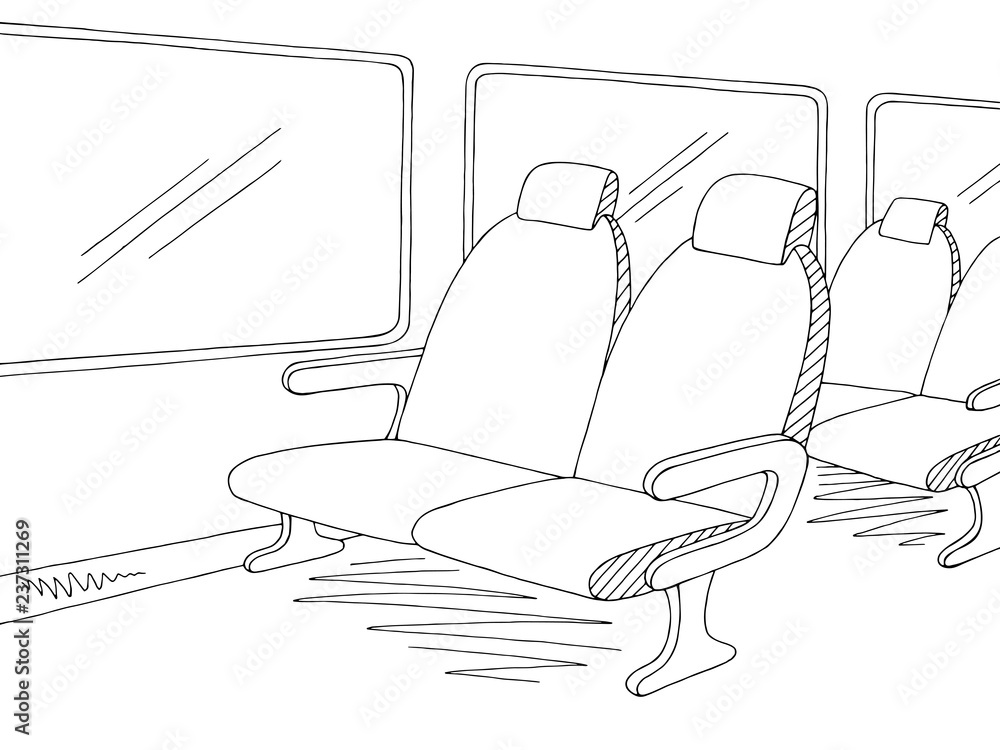 Bus interior graphic black white sketch illustration vector Stock ...