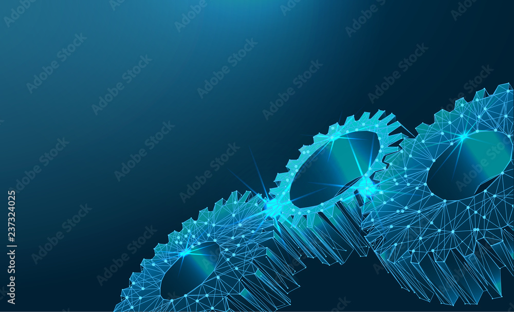 Gears. Mechanical technology machine engineering symbol. Low poly ...