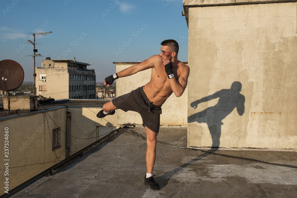Kick Boxer Practising Moves On The Rooftop Stock Photo | Adobe Stock