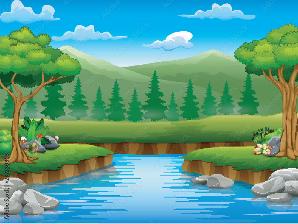 River cartoons in the middle beautiful natural scenery Stock Vector ...