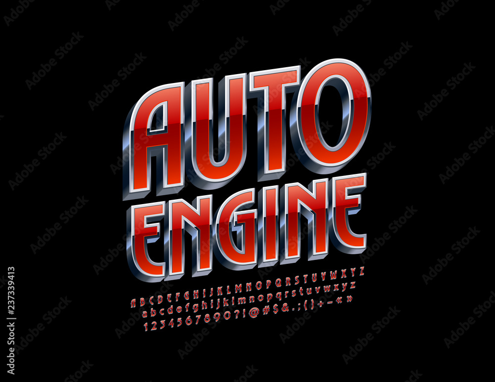 Vector industrial sign Auto Engine with 3D metallic Font. Red and ...