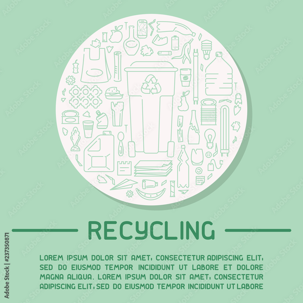 Recycling information poster with different types of waste, dumpster ...
