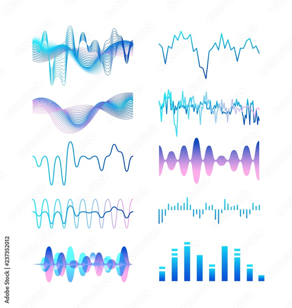 Collection of different gradient colored sound waves, audio or acoustic ...