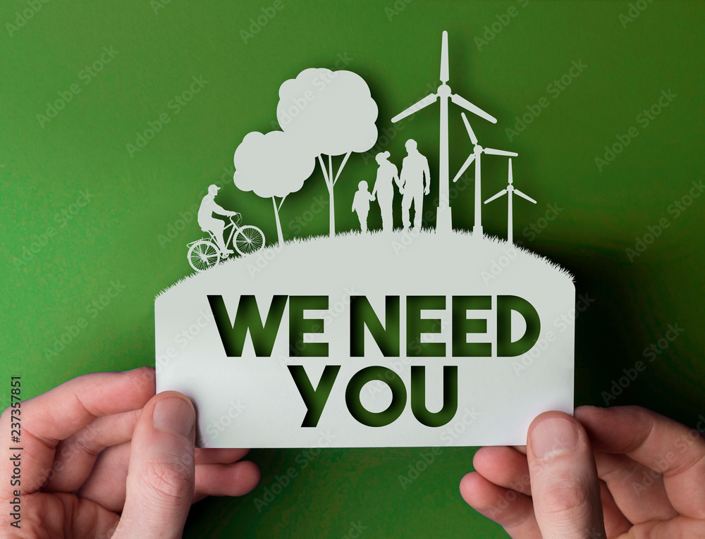 We need you - green environmental paper background with wind turbines ...