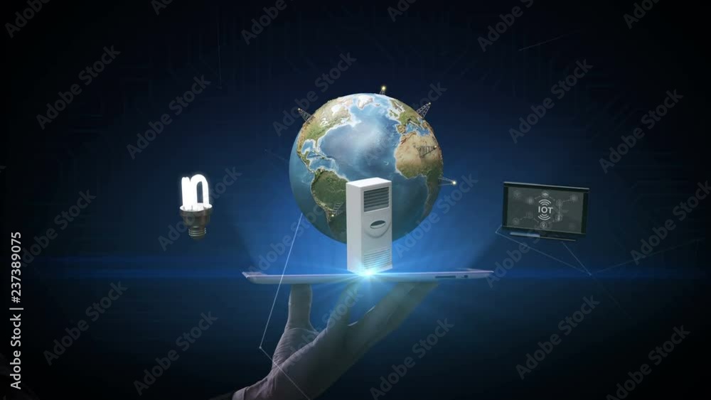 Lifting tablet, Earth network connecting monitor, microwave, light bulb ...