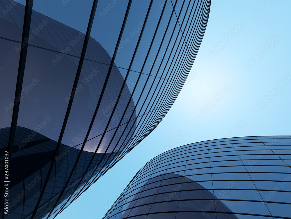 3D stimulate of high rise curve glass building and dark steel window ...