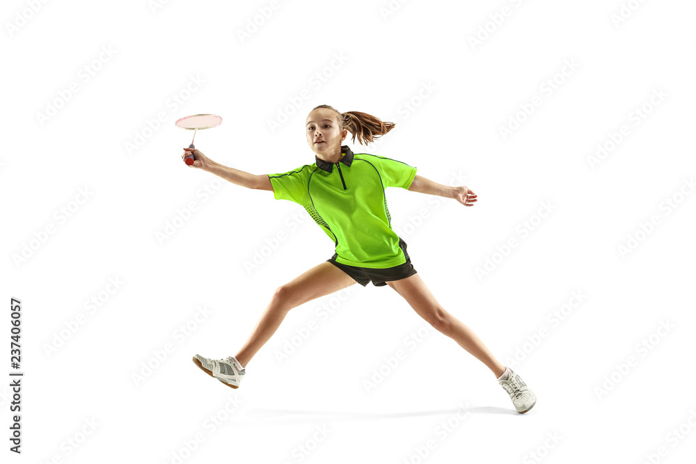 The one caucasian young teenager girl playing badminton at studio. The ...