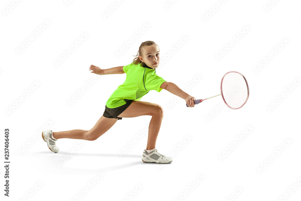 The one caucasian young teenager girl playing badminton at studio. The ...