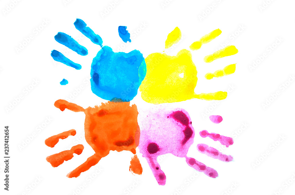 Four colorful child's handprints isolated on white. World autism ...