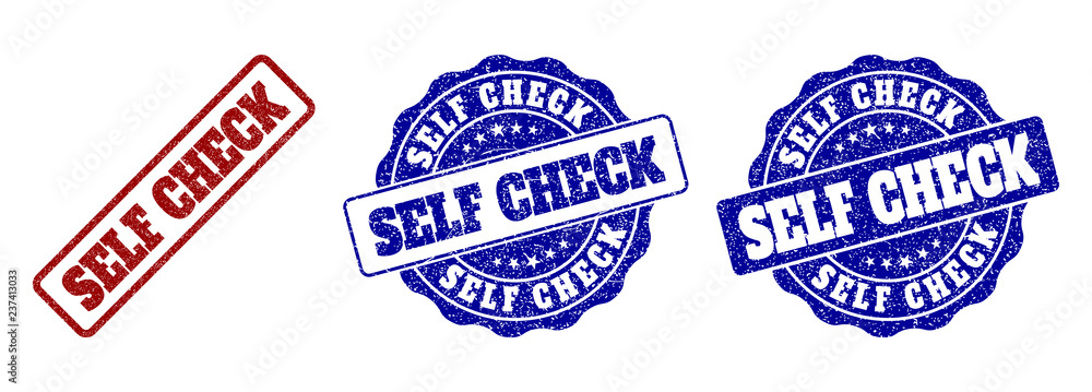 SELF CHECK scratched stamp seals in red and blue colors. Vector SELF ...