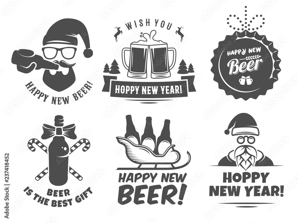 New year craft beer logos and badges. Vector christmas beer labels with ...