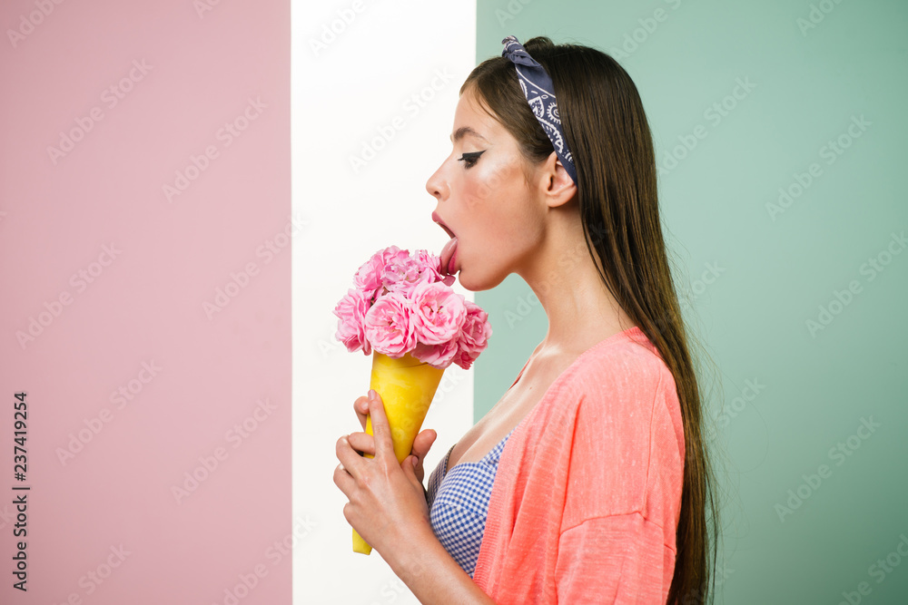 pretty girl in vintage style. pinup girl with fashion hair. flower ...