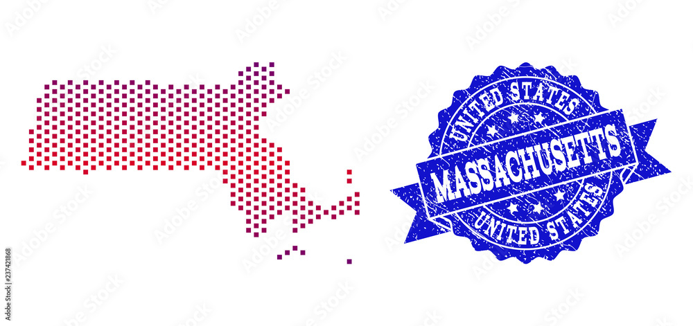 Geographic combination of dotted map of Massachusetts State and grunge ...