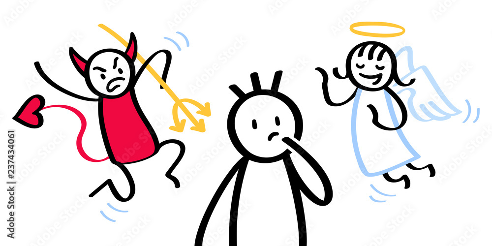 Confused stick man with conflicting shoulder angel and devil isolated ...