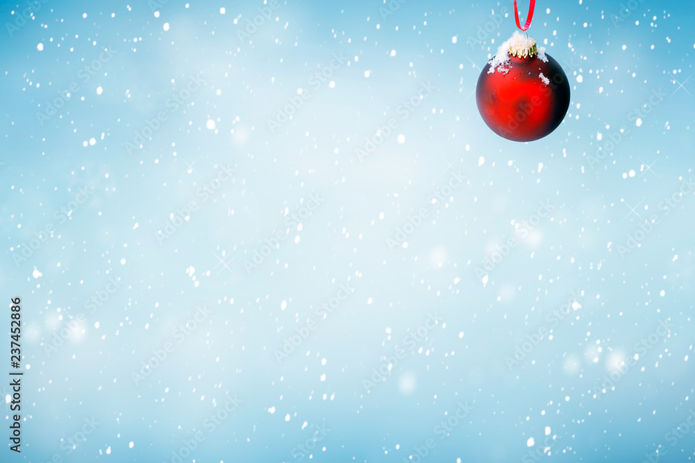 Christmas background with red ornament and falling snow Stock Photo ...