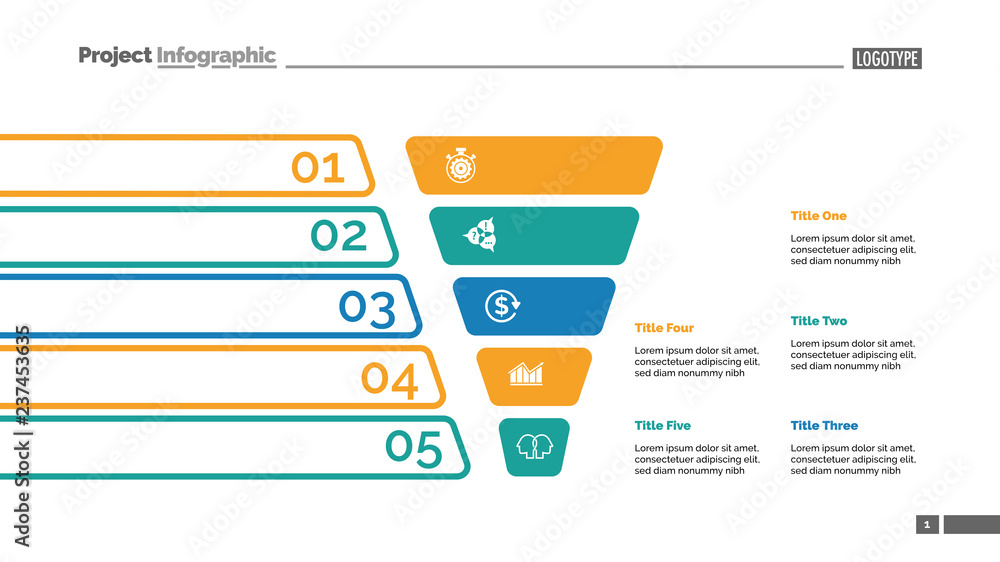 Funnel diagram with five steps. Process chart, slide template. Creative ...