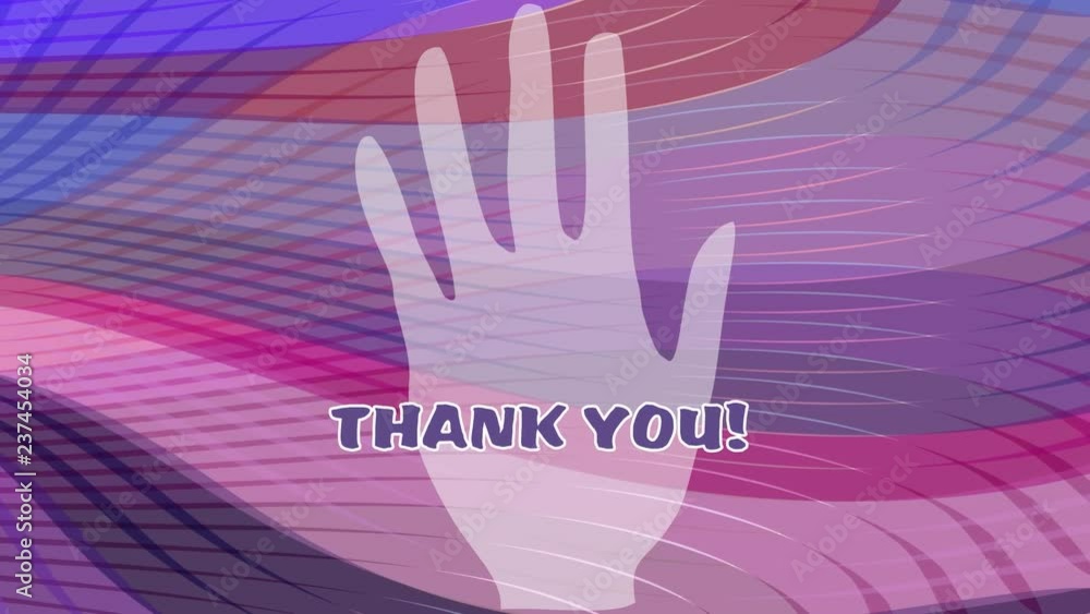 Thank you outro white palm rotating on purple wavy background, zooming ...