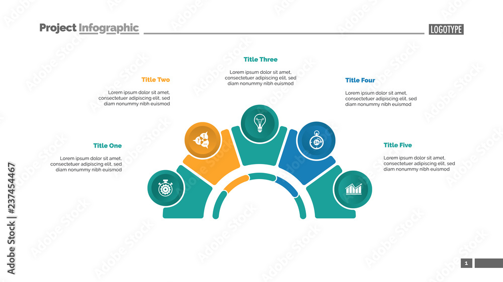 Process chart with five elements. Step diagram, pie chart, layout ...