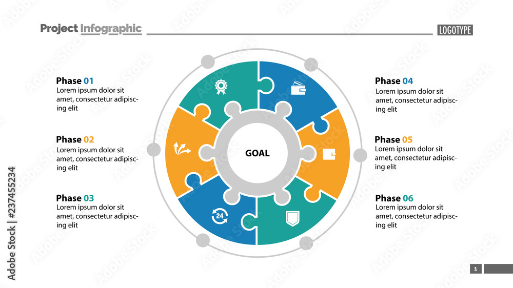 Six elements process chart slide template. Business data. Plan, diagram, design. Creative ...
