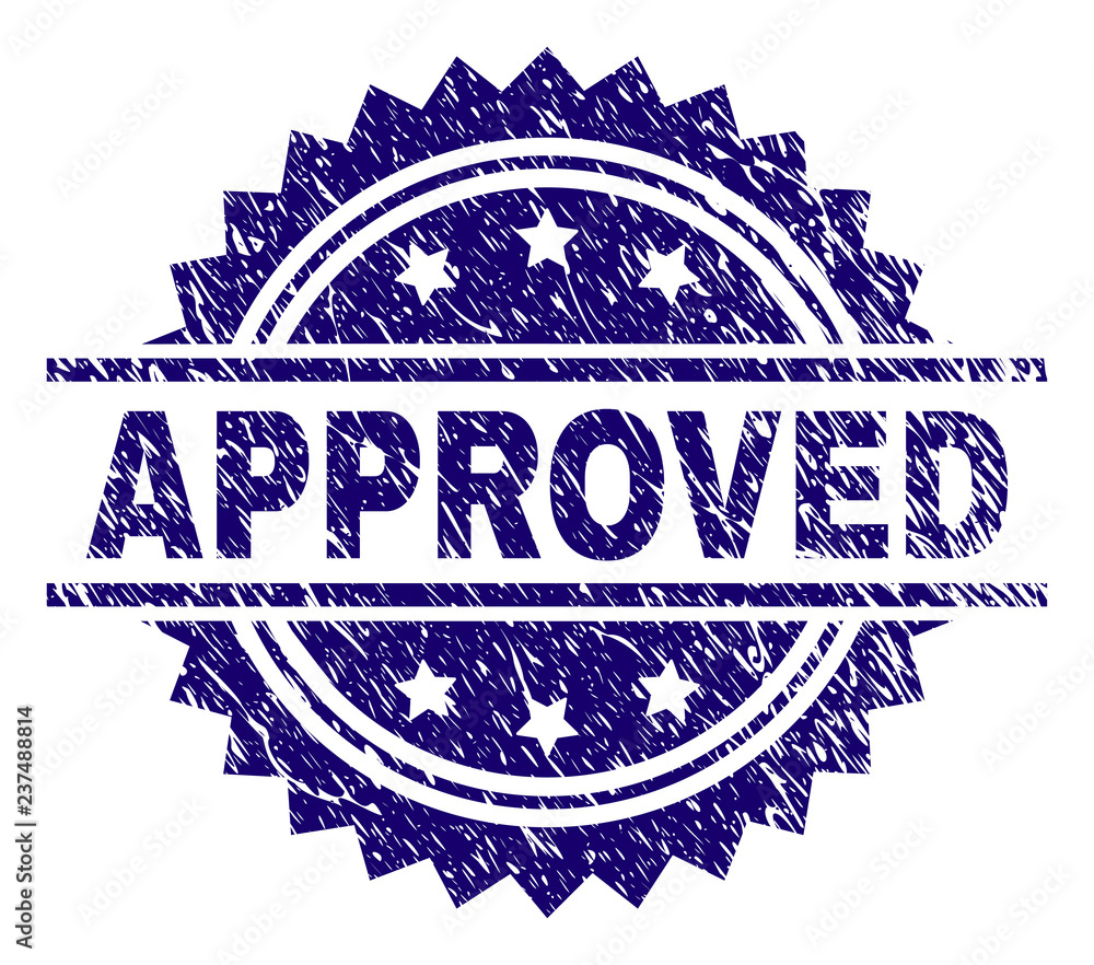 APPROVED stamp seal watermark with distress style. Blue vector rubber ...