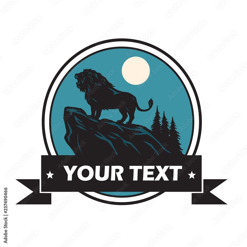 Lion Snarling on a Rock Hill Under The Moon. Vector Illustration Logo ...