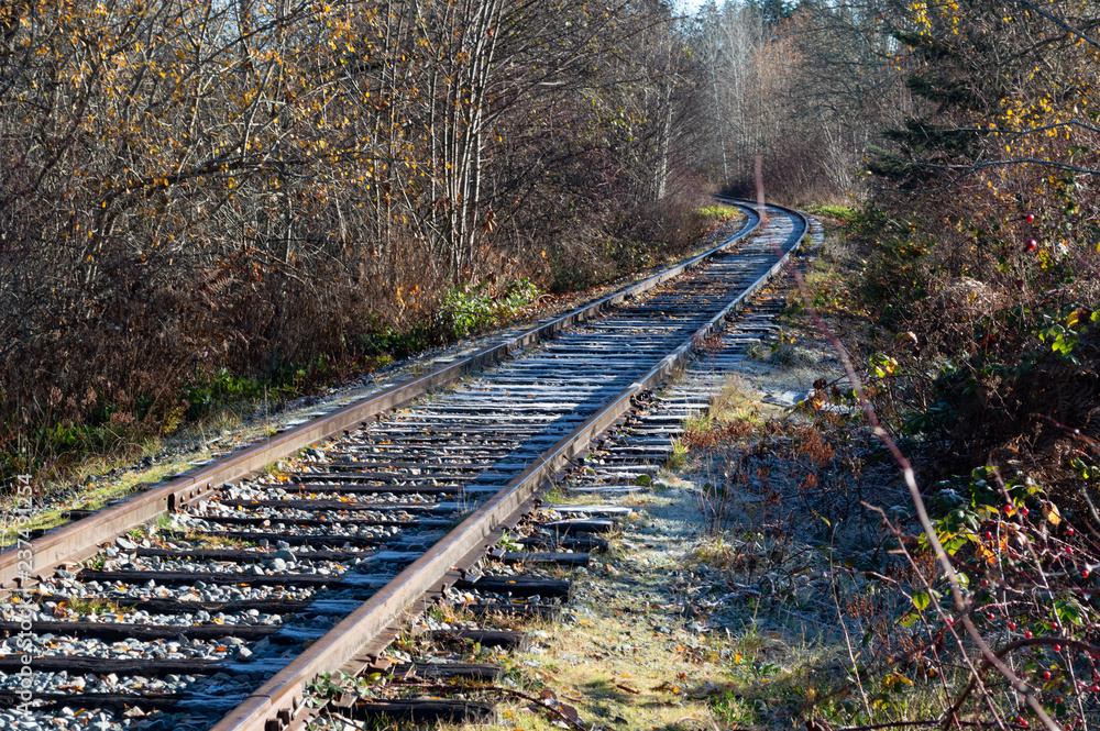 Disused railway line during winter with frost on track Stock Photo ...