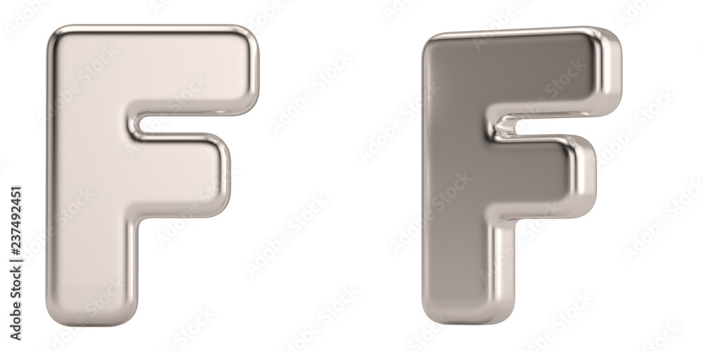 Letter f from steel solid alphabet isolated on white background. 3D ...