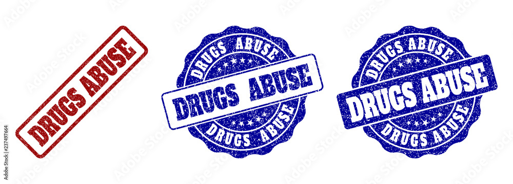 DRUGS ABUSE scratched stamp seals in red and blue colors. Vector DRUGS ...