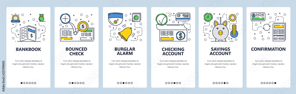Web site onboarding screens. Online banking, saving and checking ...