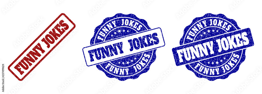 FUNNY JOKES grunge stamp seals in red and blue colors. Vector FUNNY ...