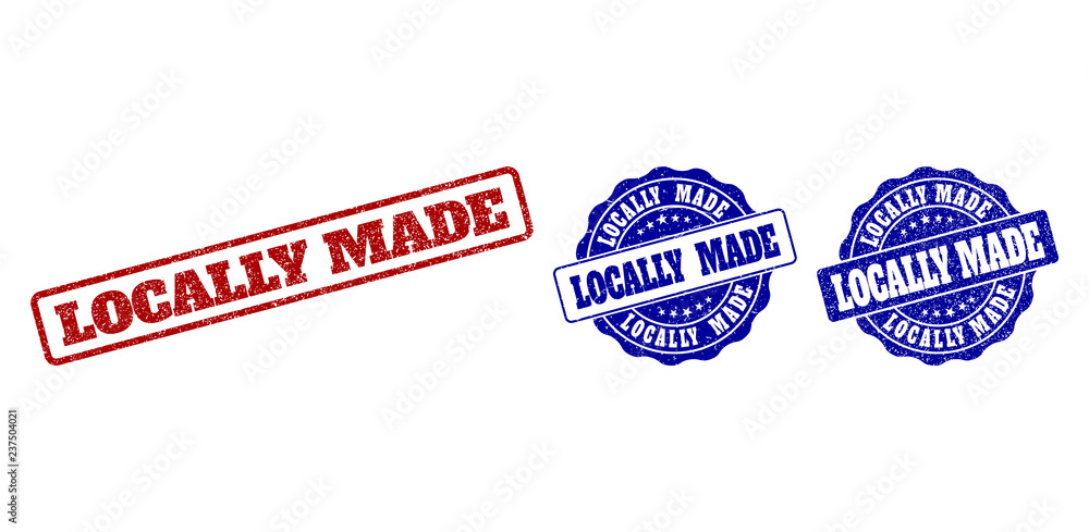 LOCALLY MADE scratched stamp seals in red and blue colors. Vector ...
