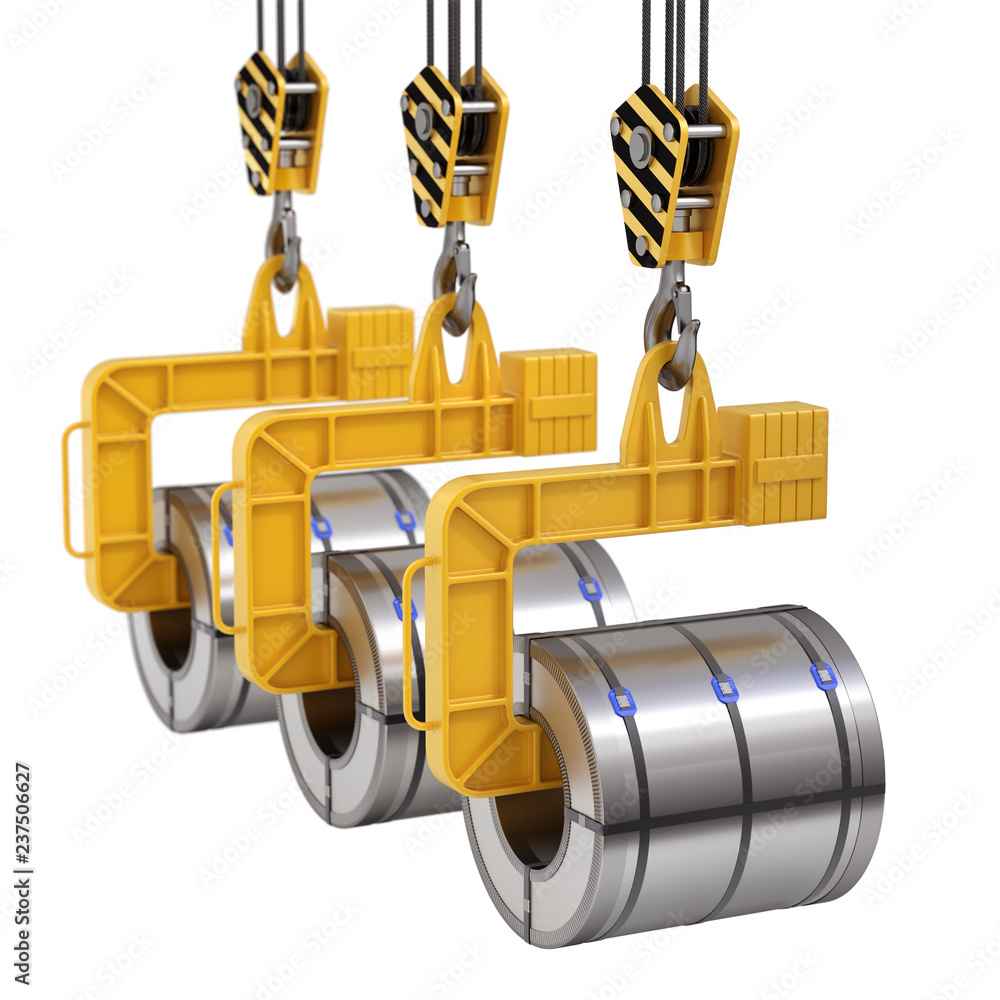 Row of coil lifter with steel coil and crane hook isolated on white ...