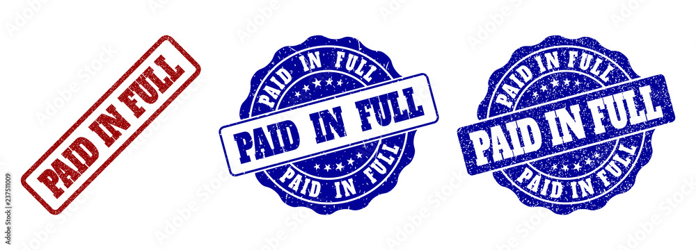 PAID IN FULL grunge stamp seals in red and blue colors. Vector PAID IN ...