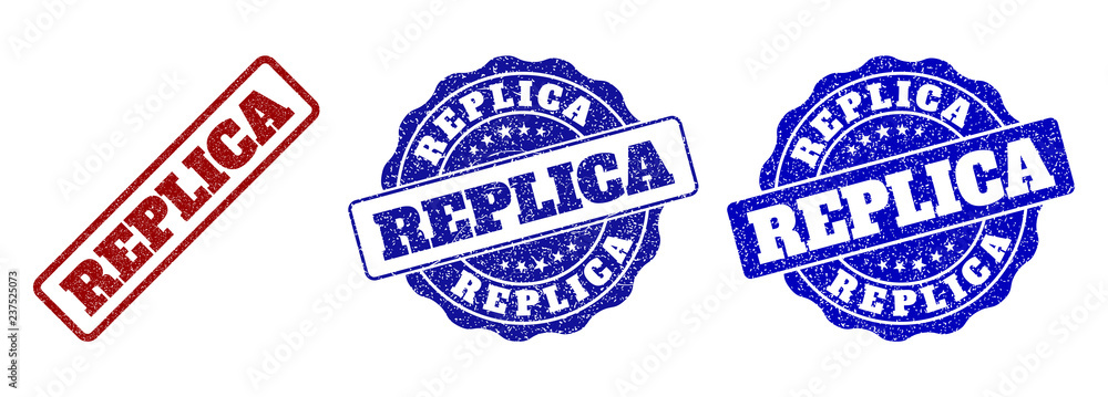 Vecteur Stock REPLICA scratched stamp seals in red and blue colors ...