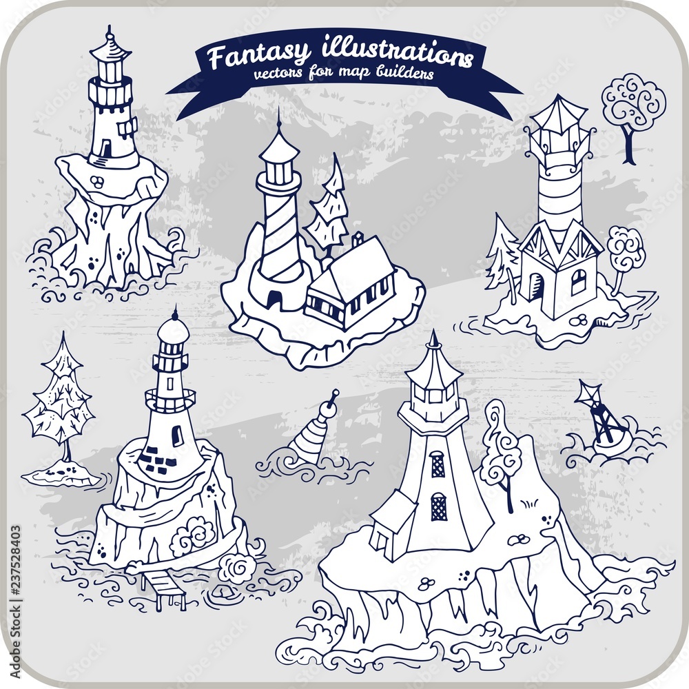 Fantasy illustration of Lighthouses for map building in hand draw ...
