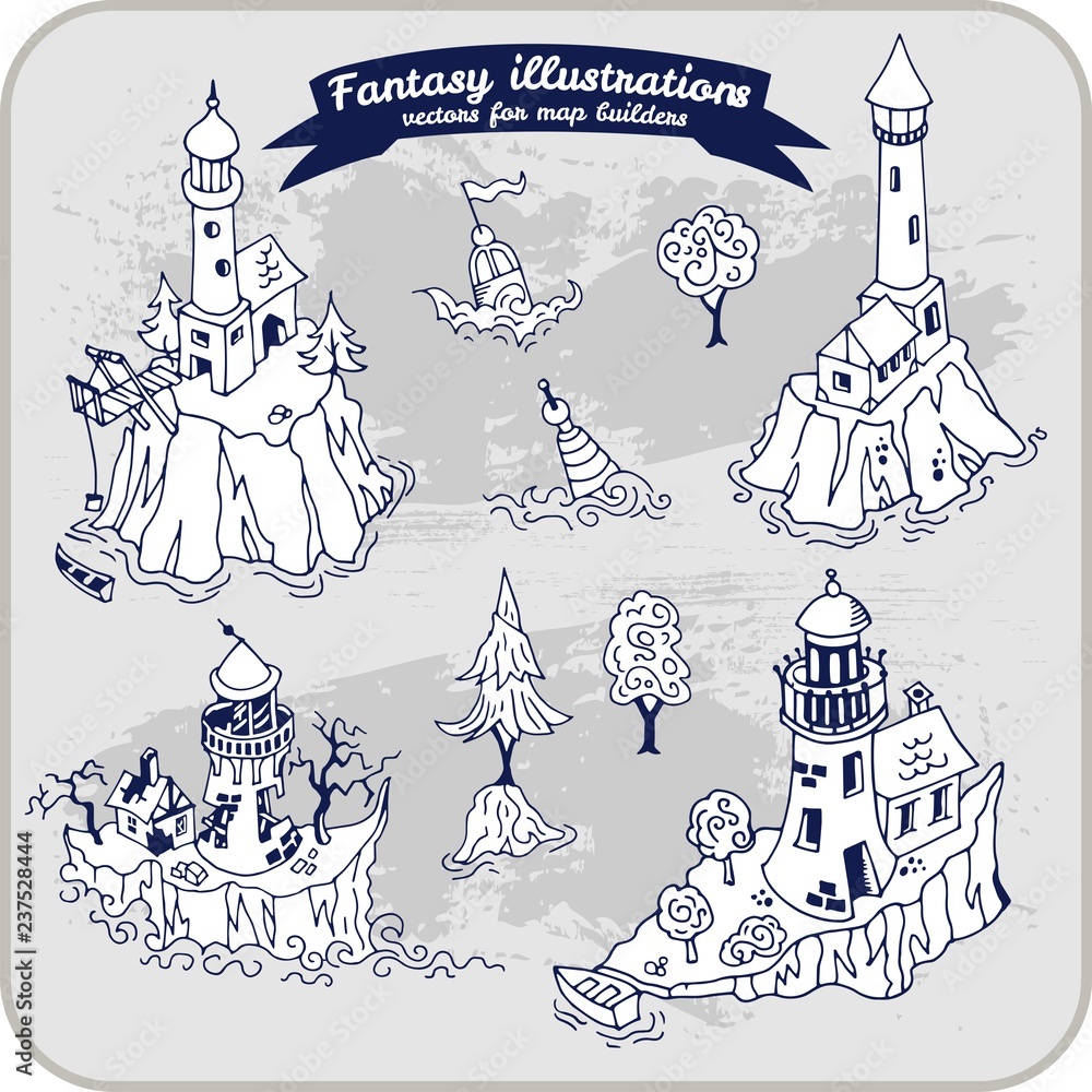 Fantasy illustration of Lighthouses for map building in hand draw ...