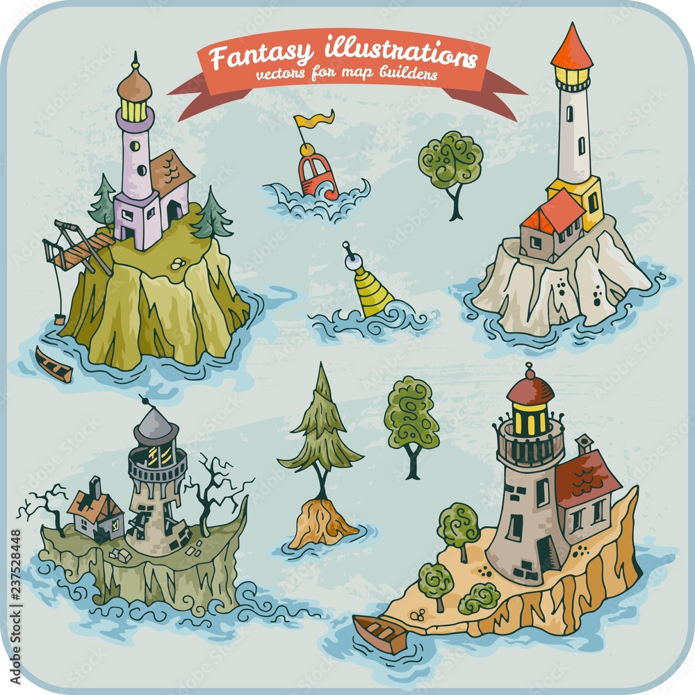 Fantasy illustration of Lighthouses for map building in hand draw ...