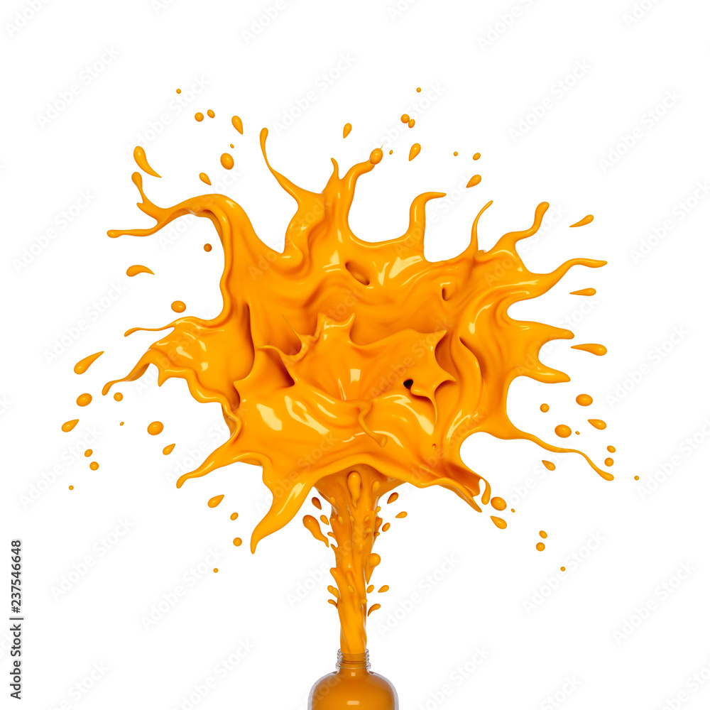 Liquid orange juice or cream splash out of bottle isolated on white ...