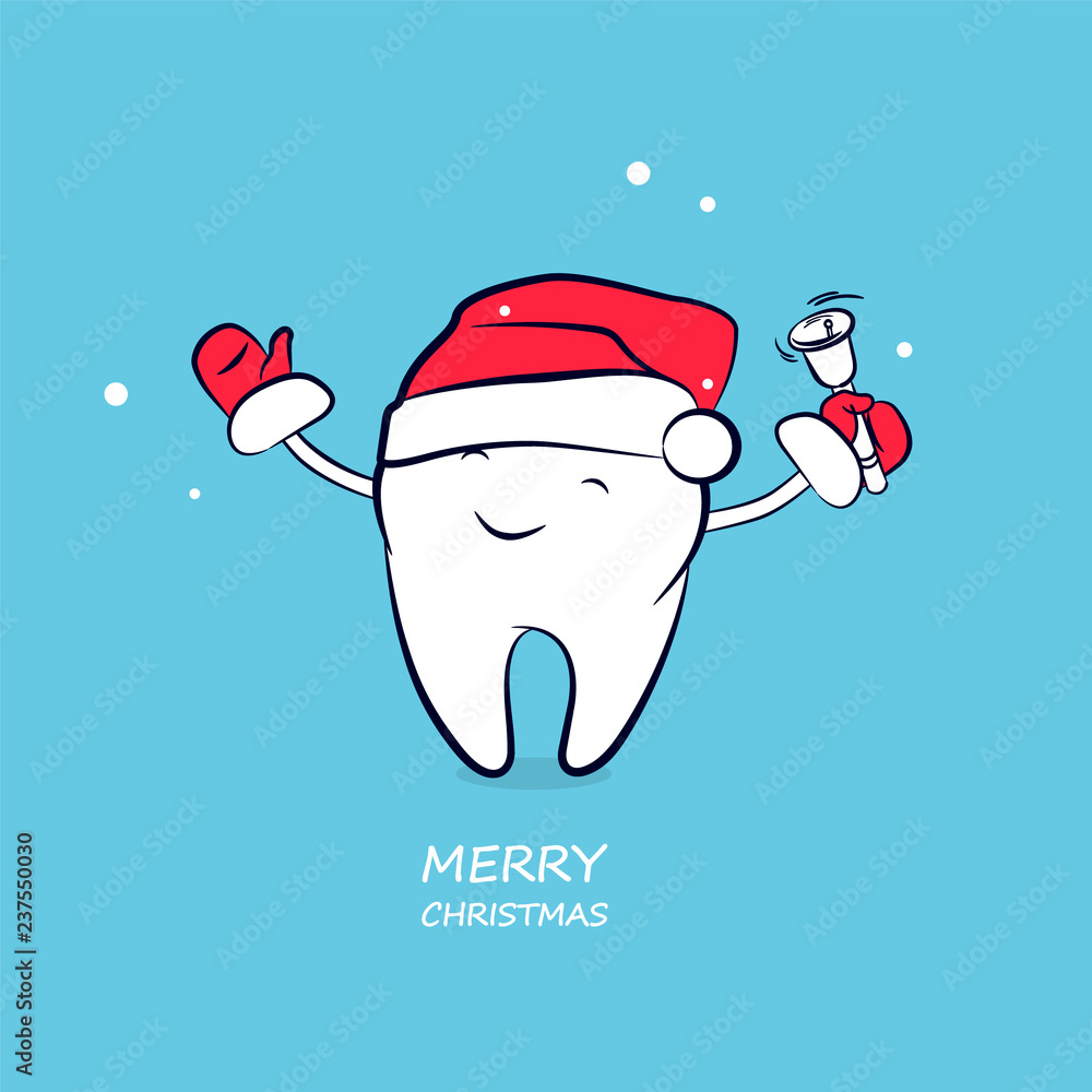 Cute smiling cartoon tooth in santa hat in red mittens and bell. Vector ...