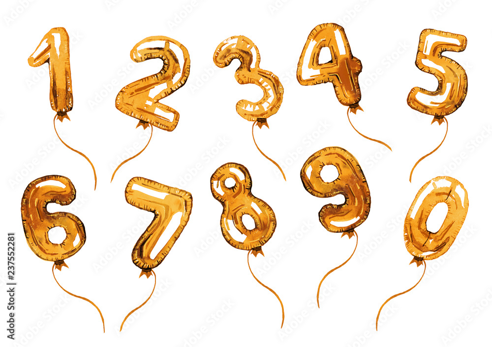 Golden balloon numbers. Birthday decoration. Hand drawn cartoon ...